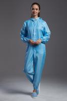 China Antistatic ESD Cleanroom Coverall Blue with Hood 98% Polyester 2% Conductive Fiber Class 1000 for sale