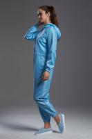 China Antistatic ESD Cleanroom Coverall Blue with Hood 98% Polyester 2% Conductive Fiber Class 1000 for sale