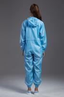 China Antistatic ESD Cleanroom Coverall Blue with Hood 98% Polyester 2% Conductive Fiber Class 1000 for sale