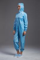 China Cleanroom ESD Antistatic Coverall with Hood Blue Autoclaved Sterilization for Class 1000 for sale