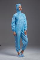 China Cleanroom ESD Antistatic Coverall with Hood Blue Autoclaved Sterilization for Class 1000 for sale