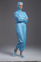 China Cleanroom ESD Antistatic Coverall with Hood Blue Autoclaved Sterilization for Class 1000 for sale