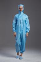 China Cleanroom ESD Antistatic Coverall with Hood Blue Autoclaved Sterilization for Class 1000 for sale