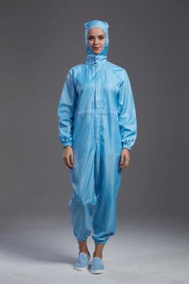 China Cleanroom ESD Antistatic Coverall with Hood Blue Autoclaved Sterilization for Class 1000 for sale