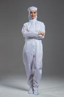 China Anti Static ESD Cleanroom Hooded Coverall White with Shoes Cover Class 100 108gsm for sale