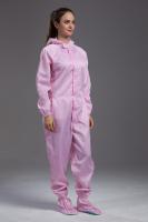 China Anti Static ESD Sterilized Dust Proof Pink Hooded Coverall 108 GSM for Class 100 Cleanroom for sale