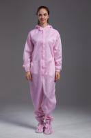 China Anti Static ESD Sterilized Dust Proof Pink Hooded Coverall 108 GSM for Class 100 Cleanroom for sale