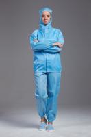 China Anti Static ESD Hooded Jacket and Pants Blue Autoclaved Sterilization Class 1000 Cleanroom for sale