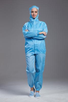 China Anti Static ESD Hooded Jacket and Pants Blue Autoclaved Sterilization Class 1000 Cleanroom for sale