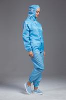 China Anti Static ESD Hooded Jacket and Pants Blue Autoclaved Sterilization Class 1000 Cleanroom for sale