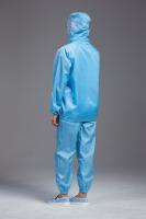 China Anti Static ESD Hooded Jacket and Pants Blue Autoclaved Sterilization Class 1000 Cleanroom for sale