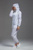 China Anti Static ESD Cleanroom Hooded Jacket and Pants White Autoclaved Sterilization 108 GSM for sale