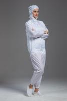 China Anti Static ESD Cleanroom Hooded Jacket and Pants White Autoclaved Sterilization 108 GSM for sale