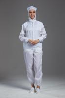 China Anti Static ESD Cleanroom Hooded Jacket and Pants White Autoclaved Sterilization 108 GSM for sale