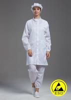 China Stand Collar Disposable Lab Coats with 108g/m GSM and 10E6-10E9 Surface Resistance for ESD Cleanroom Protection for sale