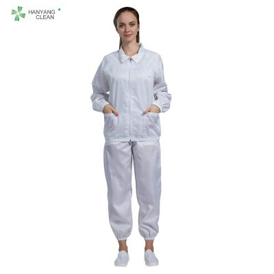 China ESD Antistatic Cleanroom Jacket and Pants White Autoclave Sterilization Dust Free 108 GSM for sale