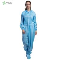 China ESD Cleanroom Coverall with Hood Blue Conductive Fiber 98% Polyester 2% Conductive Fabric Class 100 Reusable Sterilized for sale