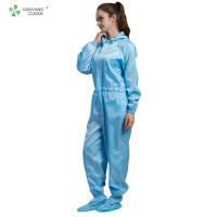 China ESD Cleanroom Coverall with Hood Blue Conductive Fiber 98% Polyester 2% Conductive Fabric Class 100 Reusable Sterilized for sale