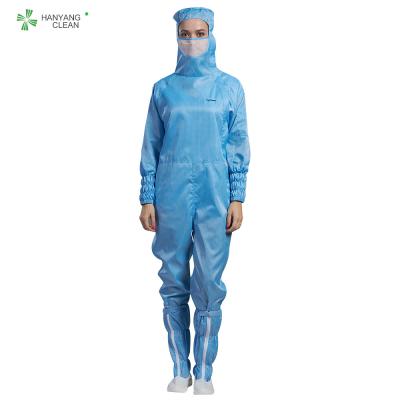China ESD Antistatic Sterilized Dust-Free Coverall Blue with Hood Mask Class 100 Cleanroom for sale