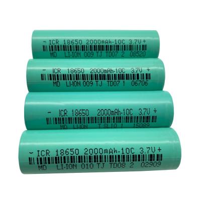 China ICR18650 3.7V 2000mAh 10C High Discharge Rechargeable Lithium Ion Battery Cell, Flat Top Unprotected 18650 Battery for Electric Toys，RoHS Compliant Made in China for sale