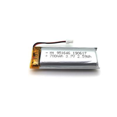 China PL951646 3.7V 700mAh 2.59Wh Lithium Polymer Rechargeable Battery, Soft Pack Li‑po Battery with Red Black Wires for Wearable, MSDS Certified for sale