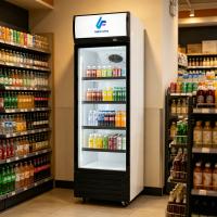 China 330L Vertical Display Refrigerator with Static Cooling System and Swing Glass Door for sale