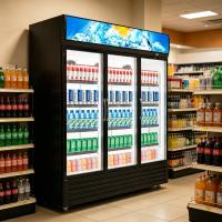 China 850L Capacity Upright Glass Door Display Refrigerator with Digital Display Thermostat and Swing Door Design for sale