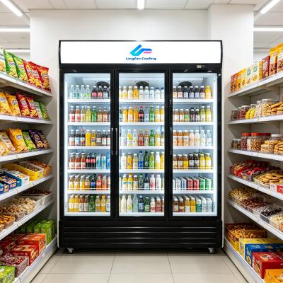 China 850L Capacity Upright Refrigerator with Triple Glass Door and Static Cooling for Commercial Use for sale