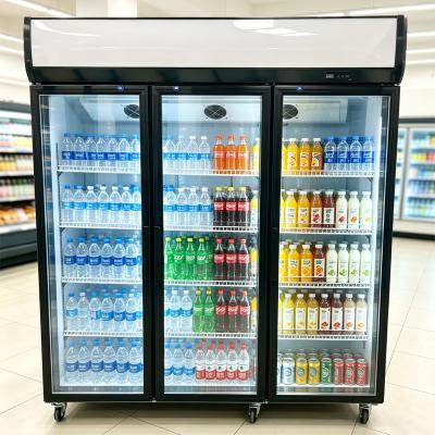 China 3 Door Commercial Beverage Display Refrigerator with 1200 Liters Capacity, LED Interior Lighting, and Double Tempered Glass Doors for sale