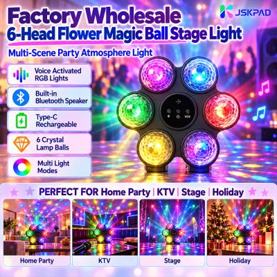 China Factory Direct Hot Selling RGB 3 Color Sound Activated Built-in 3W 100LM Tabletop 6-Head Flower Magic Ball Party Light for sale