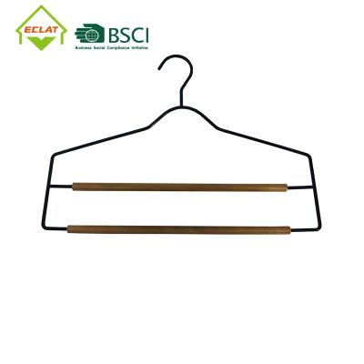 China 2 Layers Trouser Solid Wood Hangers , Metal Wooden Pant Hanger With Locking Bar for sale