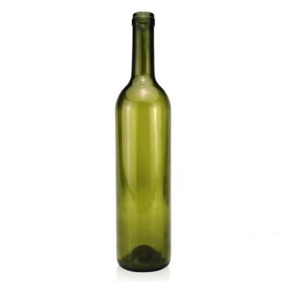 China 750ml Prime Color Glass Bottle for Red Wine Spirits Round Shape Green Color Cork Screw Cap for sale