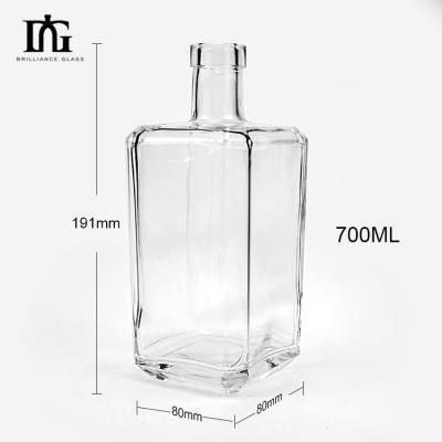 China Body Material glass Transparent 700ml Square Glass Liquor Bottle Vodka Whiskey Gin Bottle With cork for sale