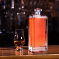China Clear Glass Tequila Wine Bottle with Long Narrow Neck and Cork Screw Cap Square Shape for sale
