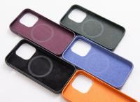 China 15 Pro Max Blue Real Leather Phone Case with Magnetic Metal Buttons and Card Flip Lanyard for sale