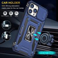 China Kickstand Slide Camera Antishock Phone Back Cover With Ring Holder Lens Cover For Iphone 13 14 Pro Max for sale