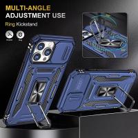 China Kickstand Slide Camera Antishock Phone Back Cover With Ring Holder Lens Cover For Iphone 13 14 Pro Max for sale