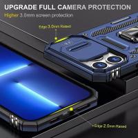 China Kickstand Slide Camera Antishock Phone Back Cover With Ring Holder Lens Cover For Iphone 13 14 Pro Max for sale