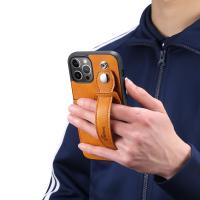China 14 Pro Max PU Leather Cover Cell Phone Case with Card Holster and Wrist Strap for sale