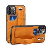 China 14 Pro Max PU Leather Cover Cell Phone Case with Card Holster and Wrist Strap for sale