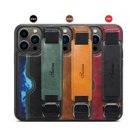 China 14 Pro Max Mobile Phone Case with Wrist Strap Stand and Card Slot in Green PU Leather for sale