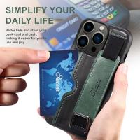 China 14 Pro Max Mobile Phone Case with Wrist Strap Stand and Card Slot in Green PU Leather for sale