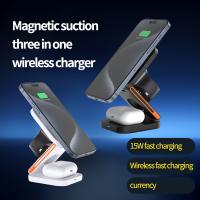 China Mobile Phone Stand 3-in-1 Foldable Magnetic Wireless Charger with Over-Charging Protection and USB-Type C Input Port for sale
