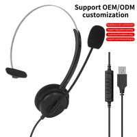 China USB head mounted wired single ear headphones with high-definition call microphone, online control of mute volume, used for PC laptops, office customer service in the call center, supporting OEM/ODM for sale