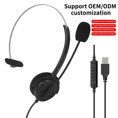 China USB head mounted wired single ear headphones with high-definition call microphone, online control of mute volume, used for PC laptops, office customer service in the call center, supporting OEM/ODM for sale