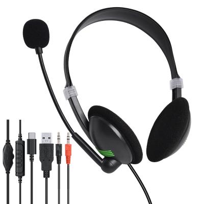 China JTY-440 Wired On-Ear Headset with Microphone, Multi Interface USB / Type-C / 3.5mm Dual Plugs Lightweight Headphones, Volume Control, for PC Laptop Call Center Online Class Office for sale