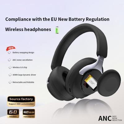 China JTY-R1 ANC Over-Ear Wireless Headphones, Swappable Battery Design Compliant with EU Battery Regulation, 40mm Driver Wireless 6.0 Foldable Bluetooth Headset for sale