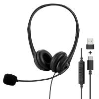 China USB Wired Call Center Headset with Microphone, Lightweight Dual Ear Headphone with Inline Volume Control & Mute, Includes USB-A to Type-C Adapter for PC Laptop Office Online Class Business Calls for sale