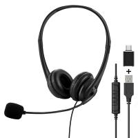 China USB Wired Call Center Headset with Microphone, Lightweight Dual Ear Headphone with Inline Volume Control & Mute, Includes USB-A to Type-C Adapter for PC Laptop Office Online Class Business Calls for sale