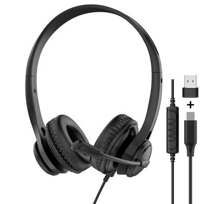 China USB Wired Call Center Headset with Microphone, Lightweight Dual Ear Headphone with Inline Volume Control & Mute, Includes USB-A to Type-C Adapter for PC Laptop Office Online Class Business Calls for sale